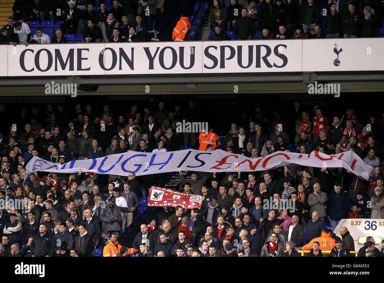 A protest banner in the Liverpool end of the stadium before the game ...