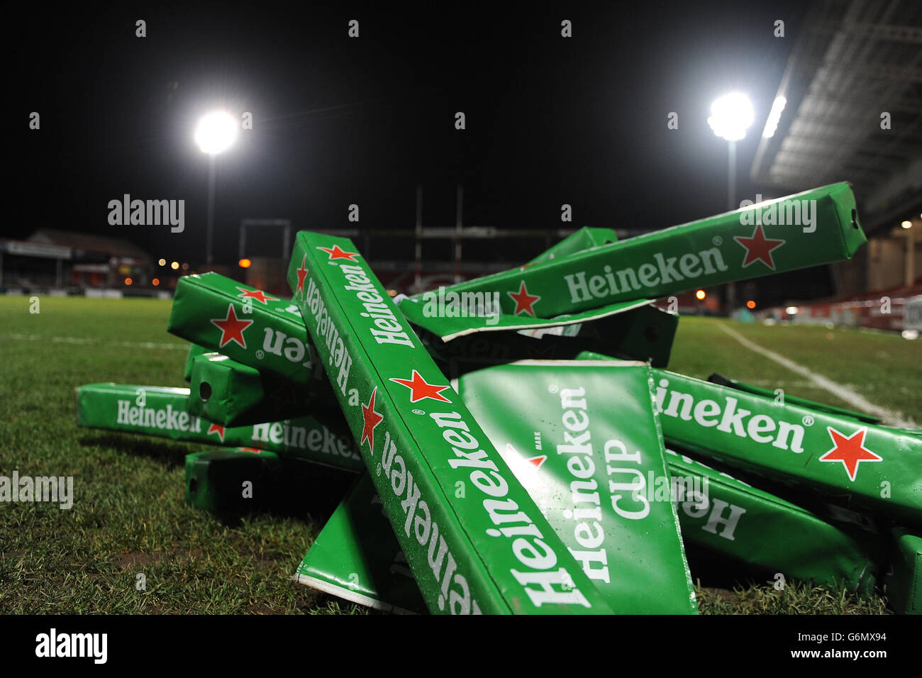 Heineken cup flags lay on the pitch after the match hi-res stock ...