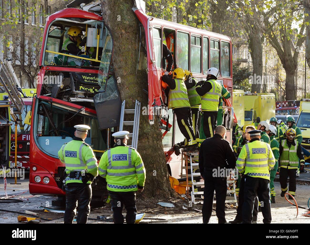 Ambulance fire crews on scene bus crash in kennington road hi-res stock ...