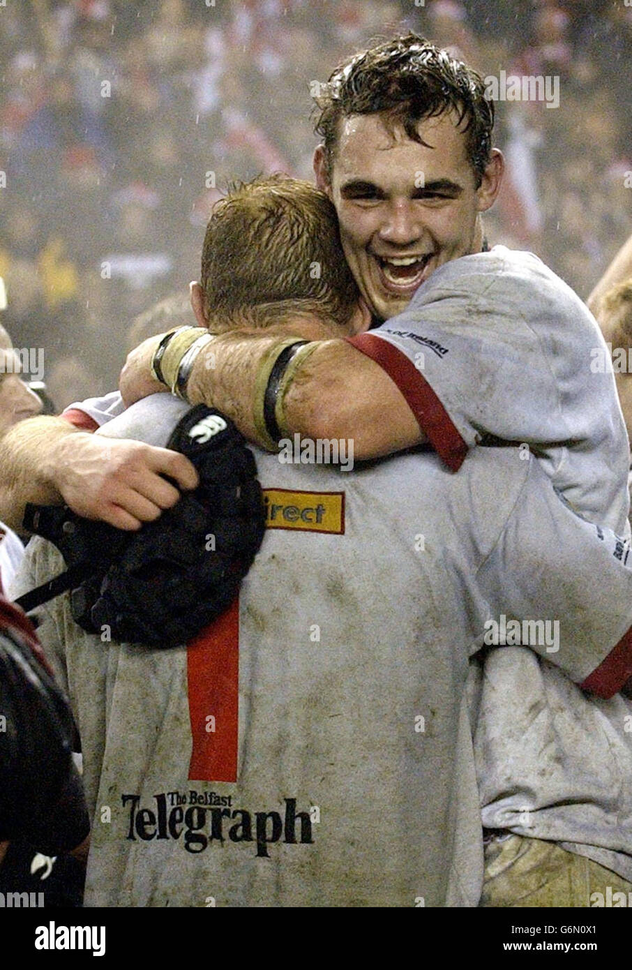 Ulster v Edinburgh. Ulster`s Matt McCullough (R) holds teammate Robbie ...
