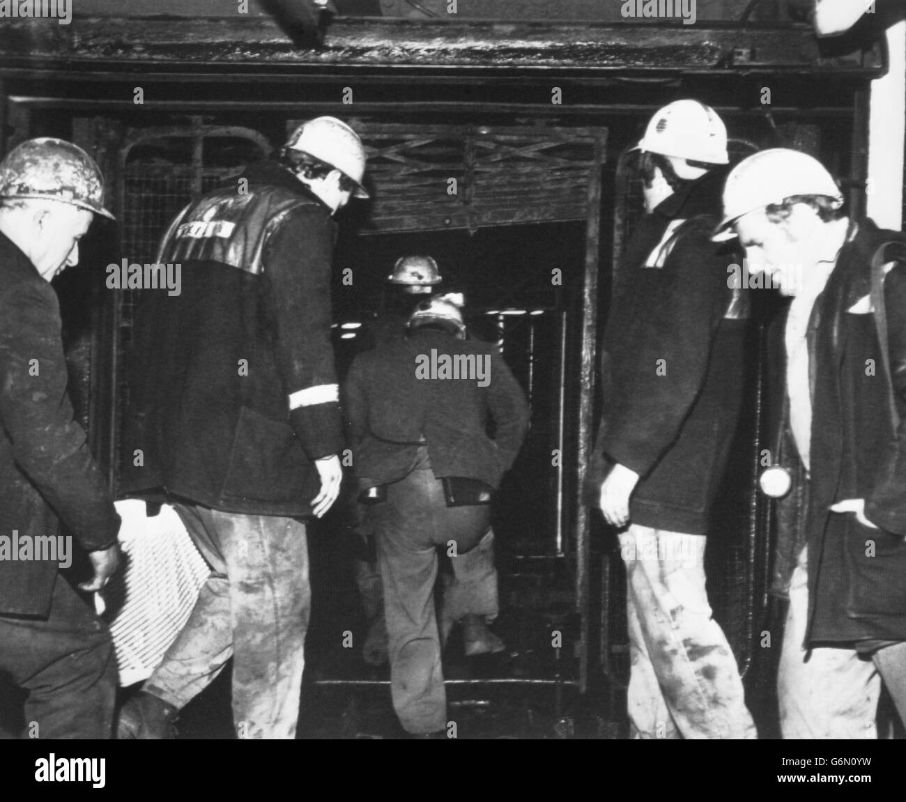 Miners enter the pit cage at Cynheidre Colliery near Llanelli. Most of ...