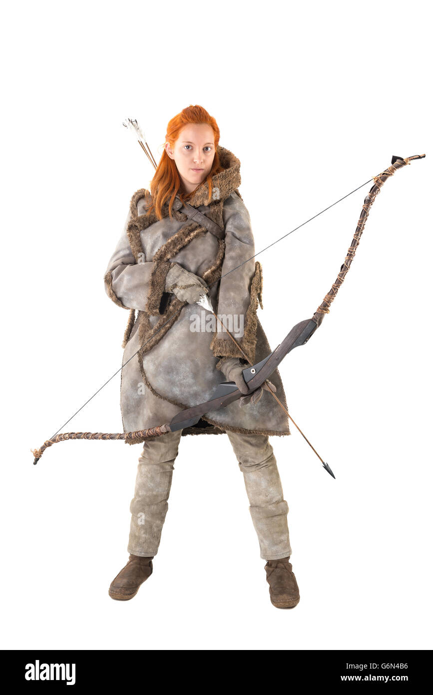 girl archer in a costume with bow isolated in white Stock Photo - Alamy