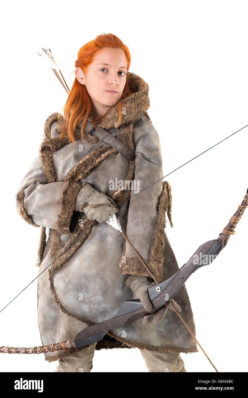 girl archer in a costume with bow isolated in white Stock Photo - Alamy