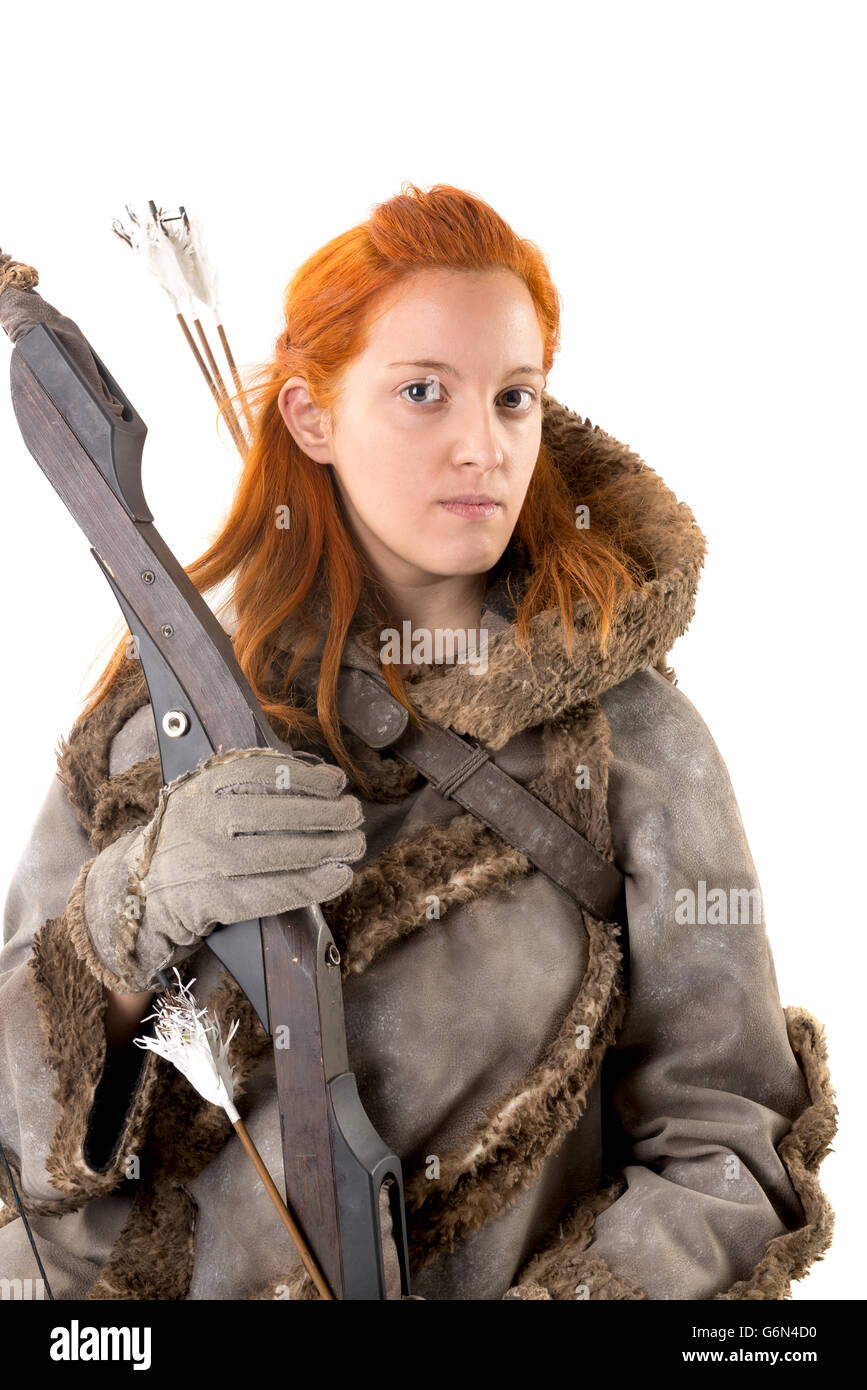 girl archer in a costume with bow isolated in white Stock Photo - Alamy