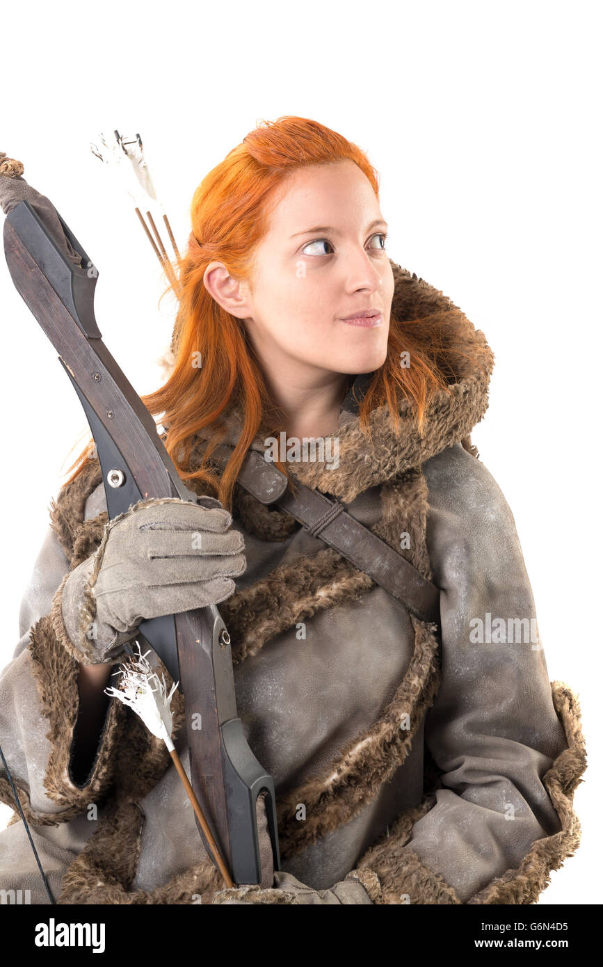 girl archer in a costume with bow isolated in white Stock Photo - Alamy