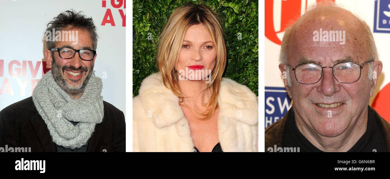 File photos of (from the left) David Baddiel, Kate Moss and Clive James ...