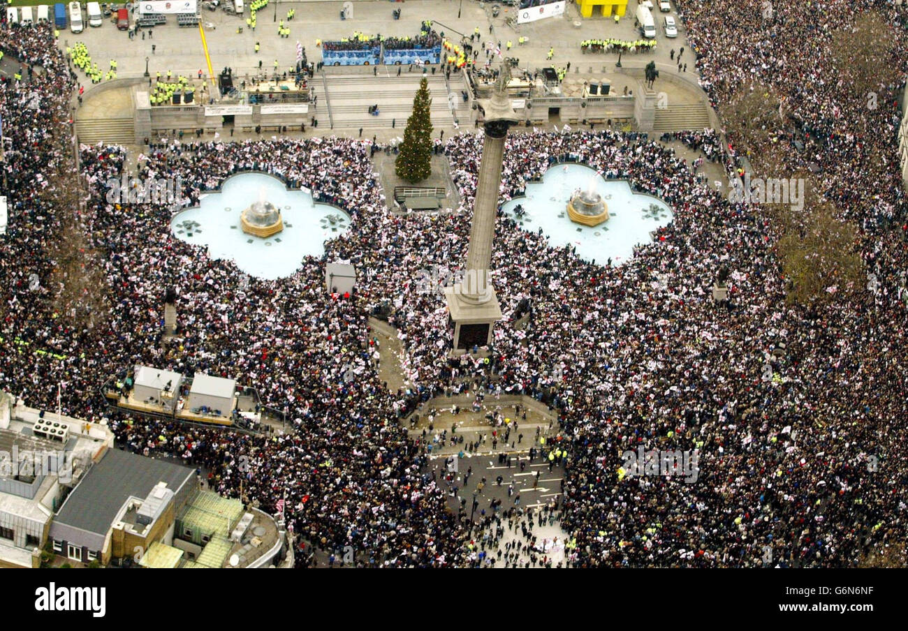 Crowds gather in Trafalgar Square after the England rugby team paraded ...