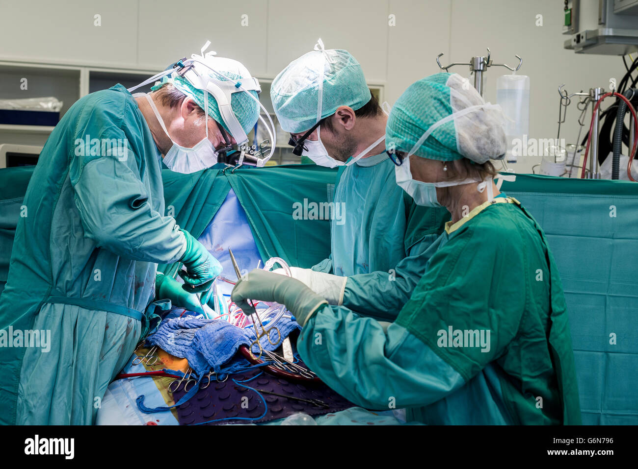 Heart surgeons and operating room nurse during a heart valve operation ...