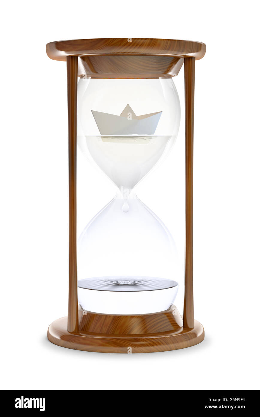 Paper ship inside a water-filled hourglass - 3d conceptual illustration ...