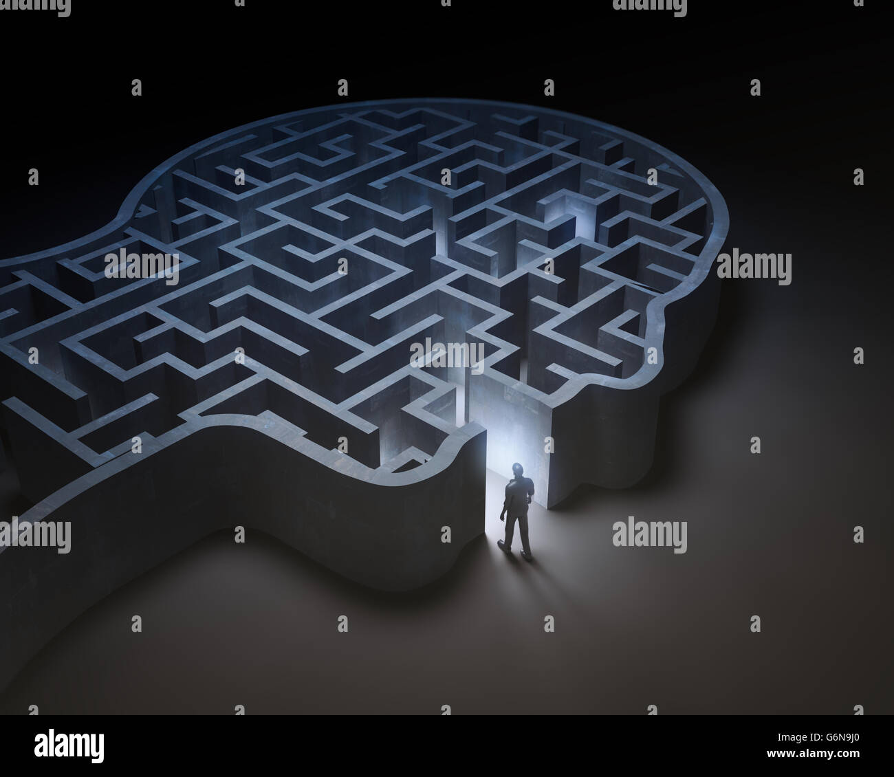 Man entering a maze inside a head - 3D illustration Stock Photo - Alamy