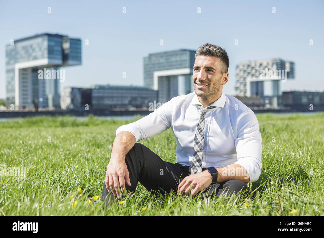 Germany, Cologne, smiling businessman sitting in meadow Stock Photo - Alamy