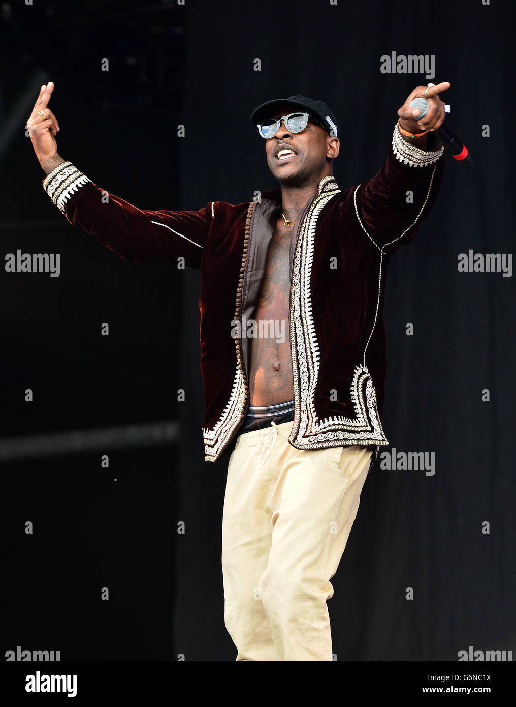 Skepta performing on The Pyramid Stage at the Glastonbury Festival, at ...