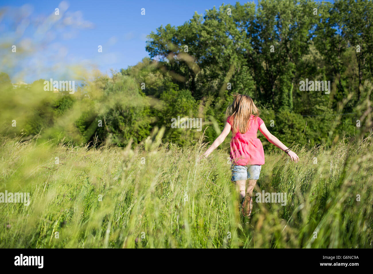 Back view of teenage girl walking on a meadow Stock Photo - Alamy