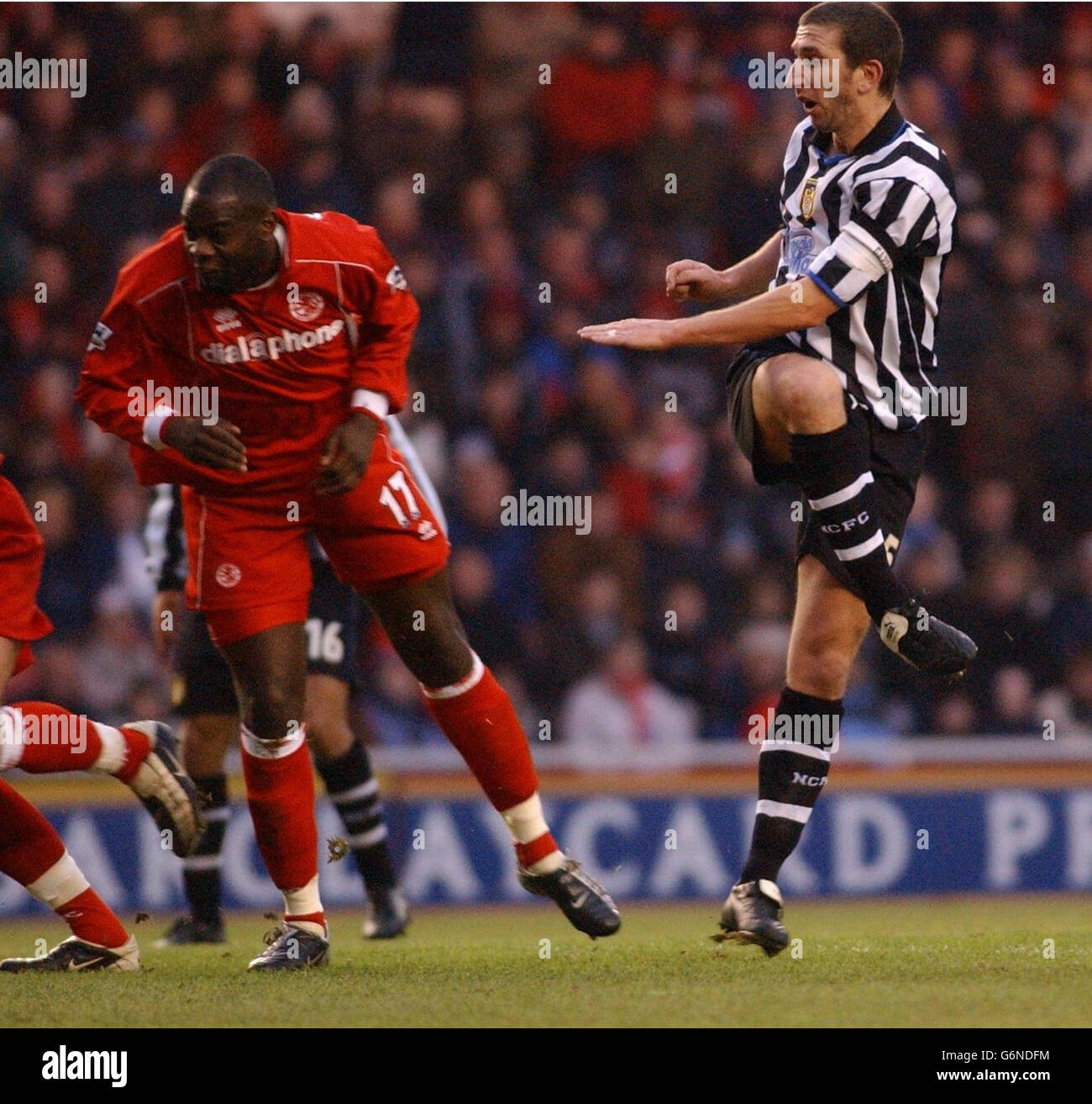 Notts County's Tony Barras (right) shoots for goal during the FA Cup ...