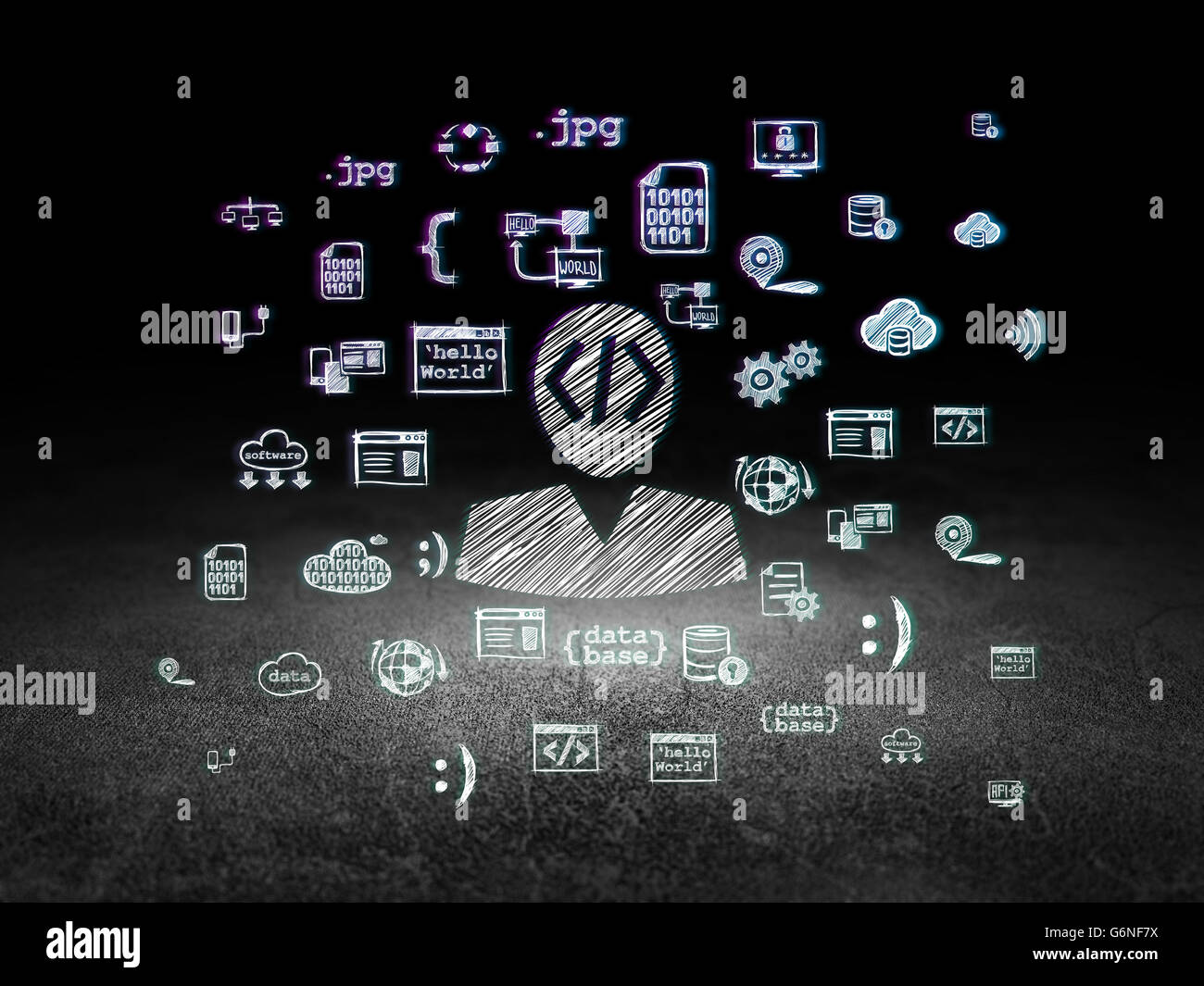 Software concept: Programmer in grunge dark room Stock Photo - Alamy