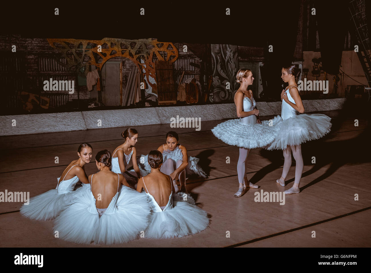 The seven ballerinas behind the scenes of theater Stock Photo - Alamy