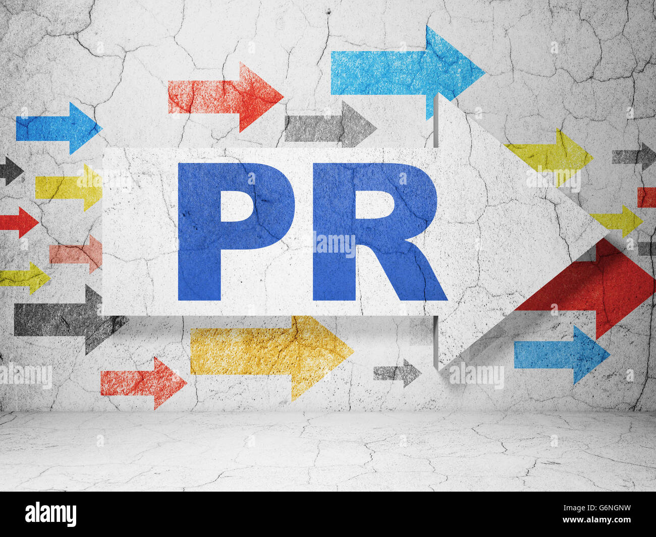 Advertising concept: arrow with PR on grunge wall background Stock ...