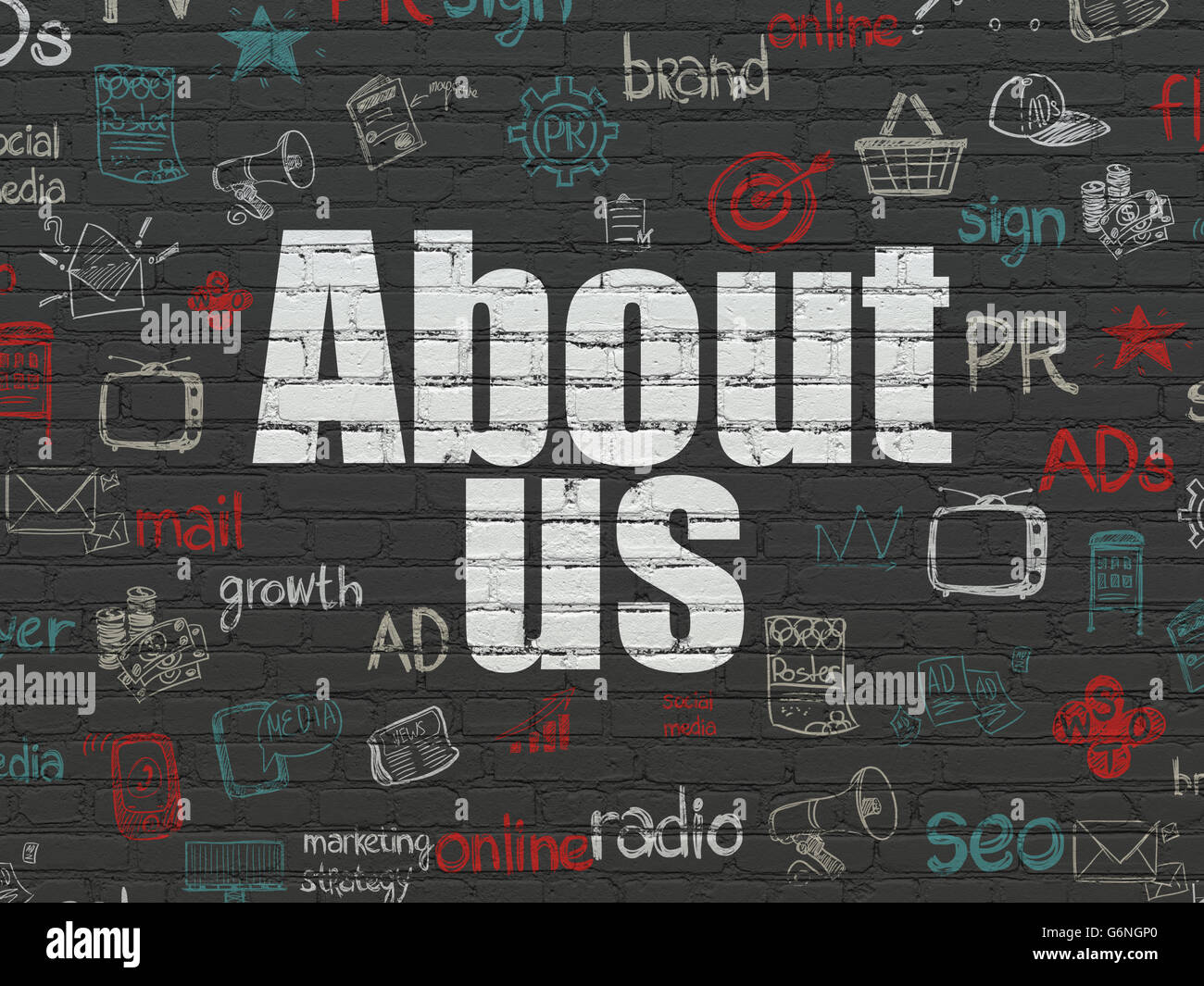 Marketing concept: About Us on wall background Stock Photo - Alamy