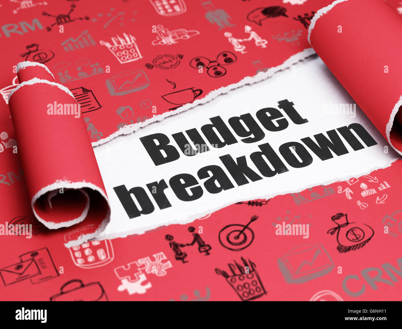 Business concept: black text Budget Breakdown under the piece of torn ...