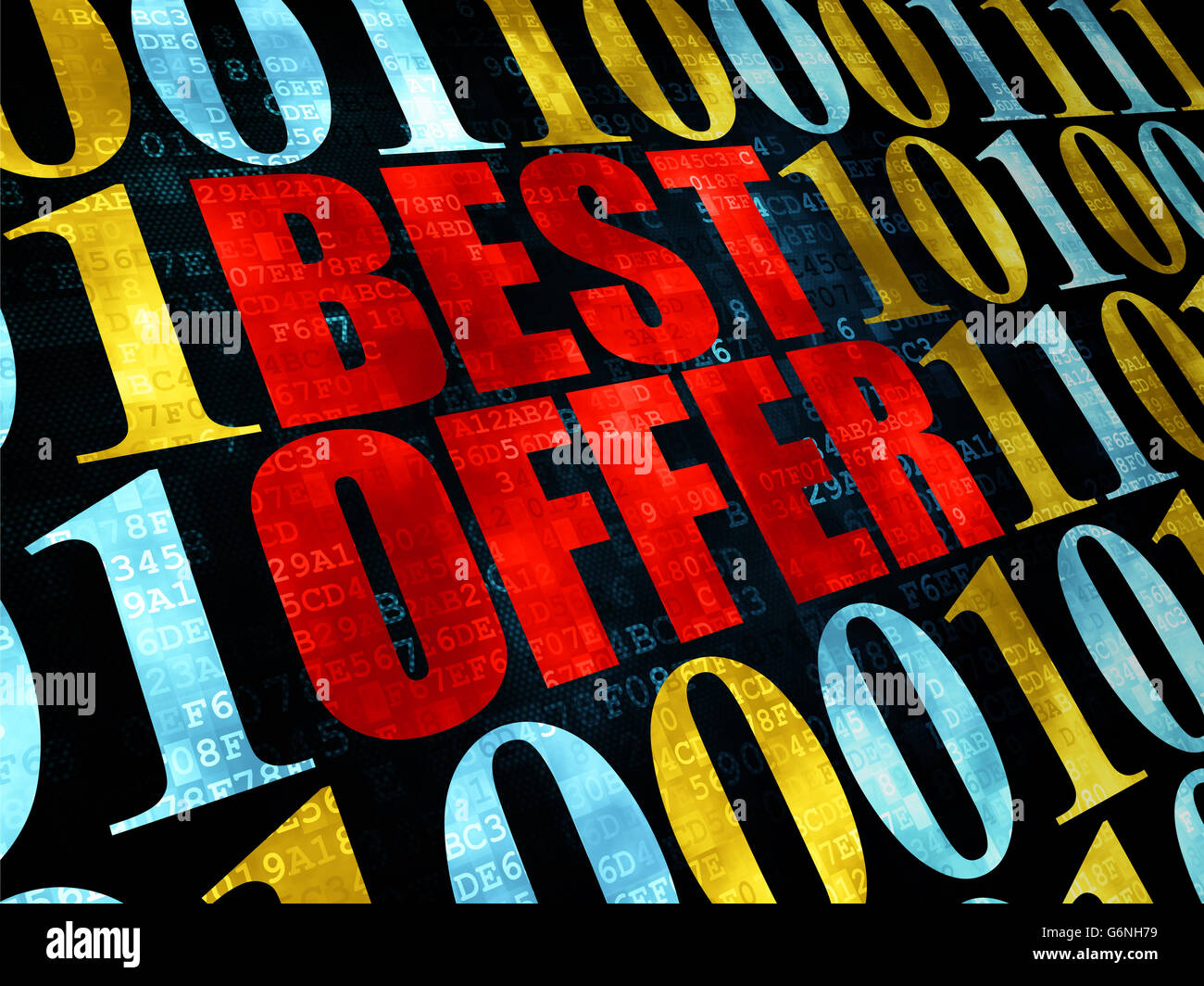 Business concept: Pixelated red text Best Offer on Digital wall background with Binary Code ...