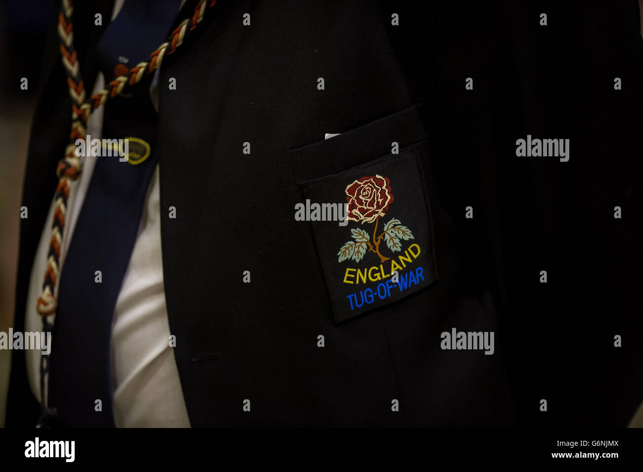 Detail from an officials blazer during the UK indoor Tug of War ...