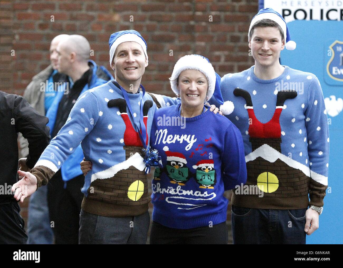 Everton fans get in to the Christmas spirit outside Goodison park Stock ...
