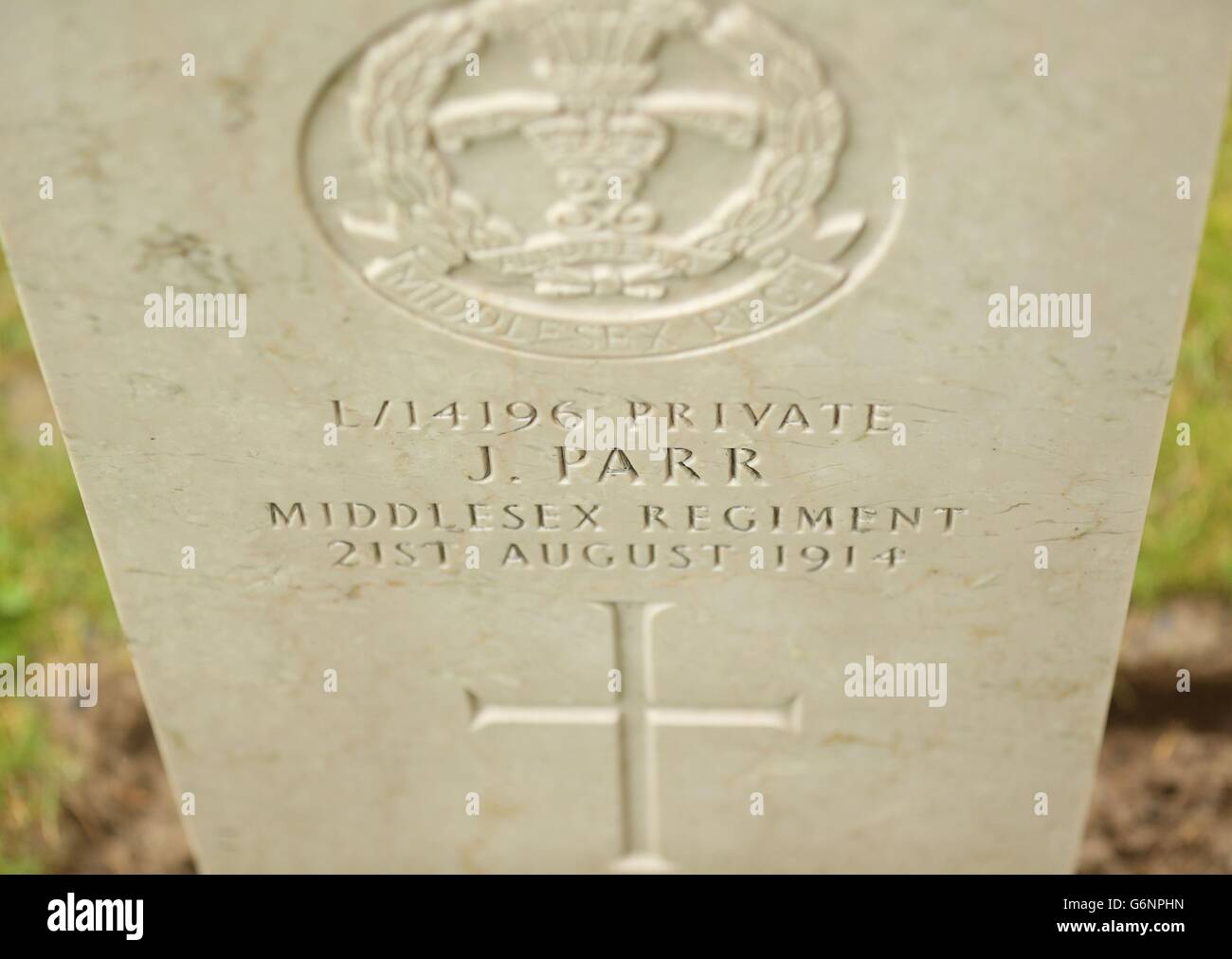 The headstone of British WWI soldier Private John Parr who was one of ...