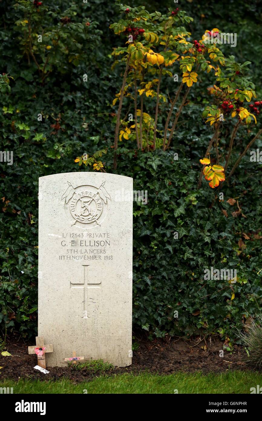 The headstone of British WWI soldier George Ellison who was one of the ...