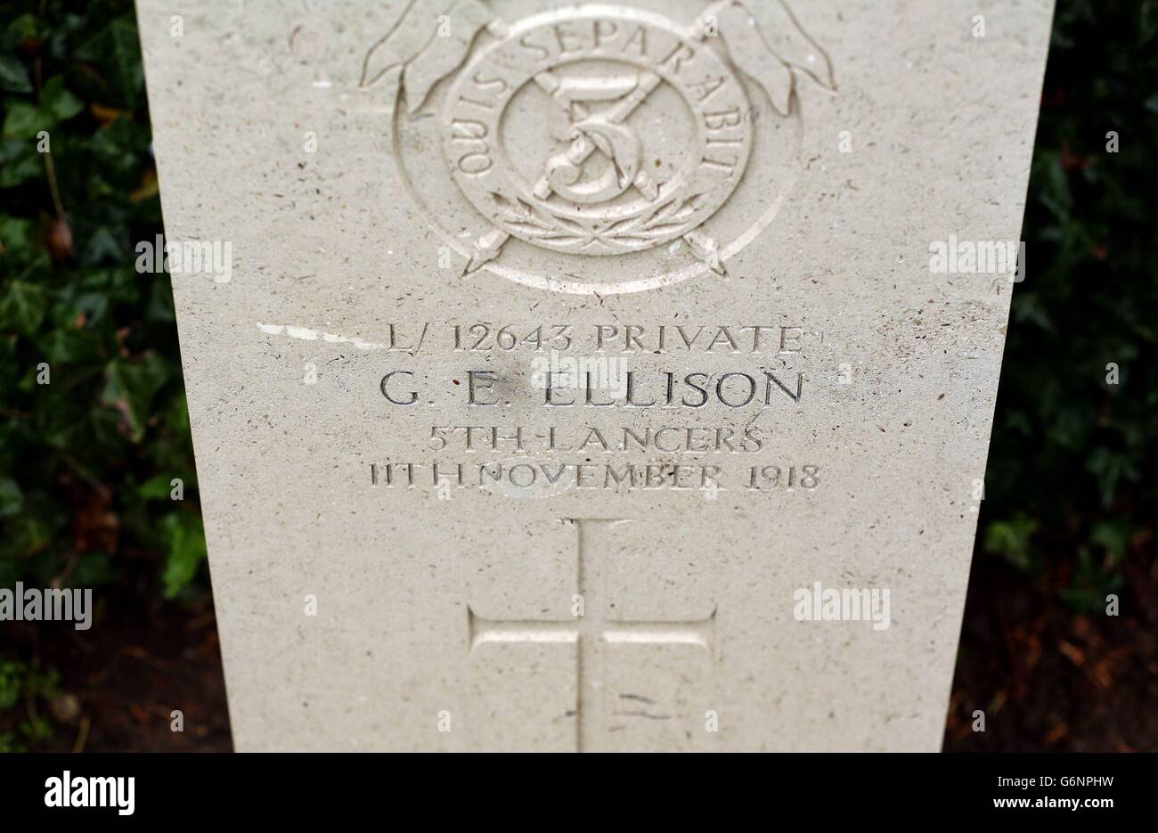 The headstone of British WWI soldier George Ellison who was one of the ...