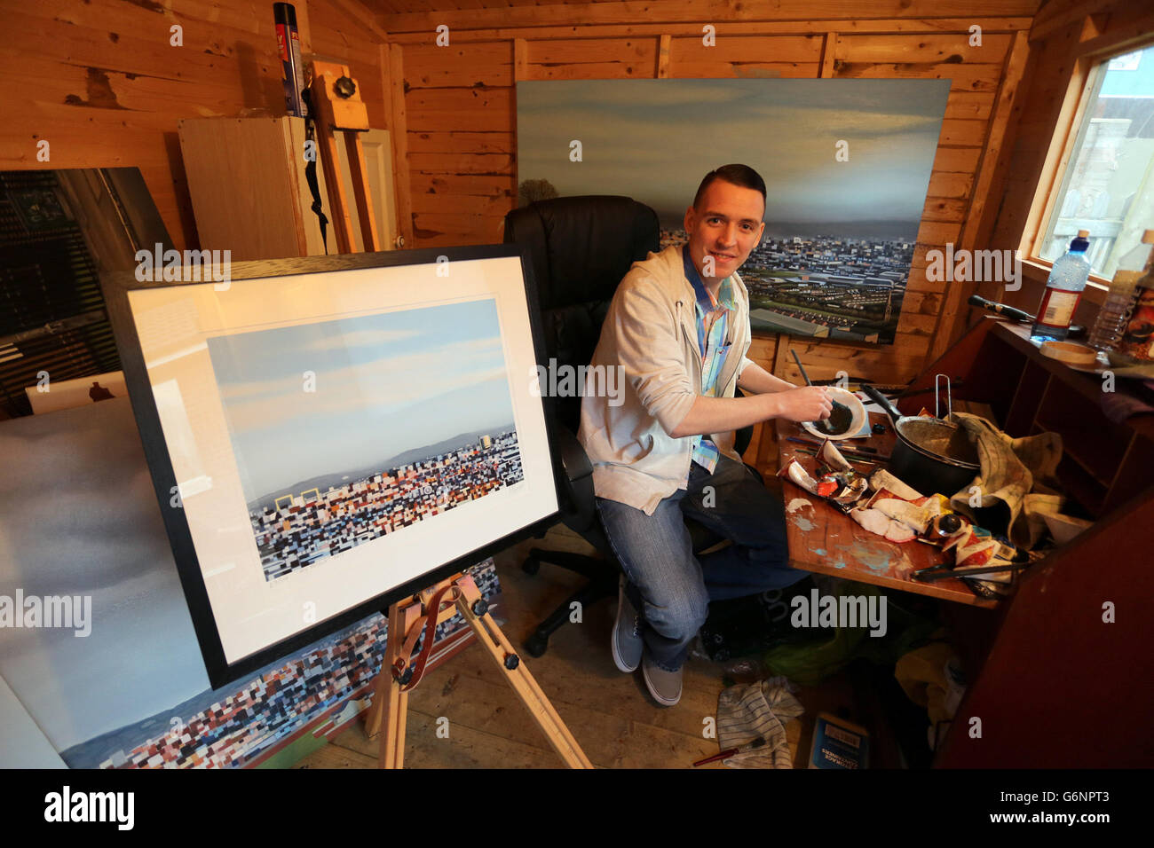 Paul Morrison, in his garden shed at his west Belfast home as a studio ...