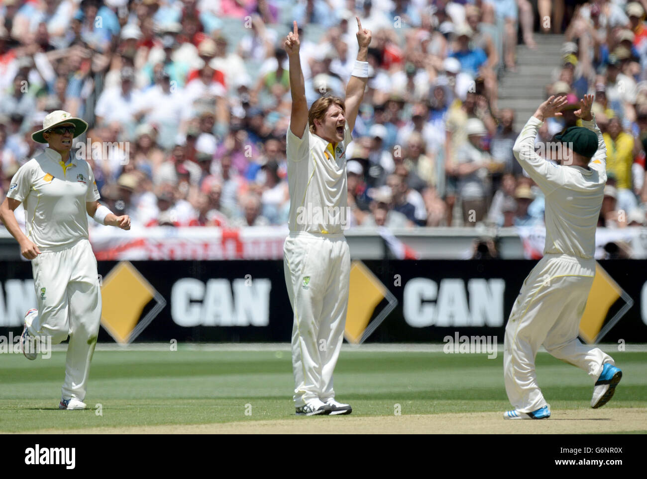 Australia's Ryan Harris (centre) celebrates bowling out England's ...