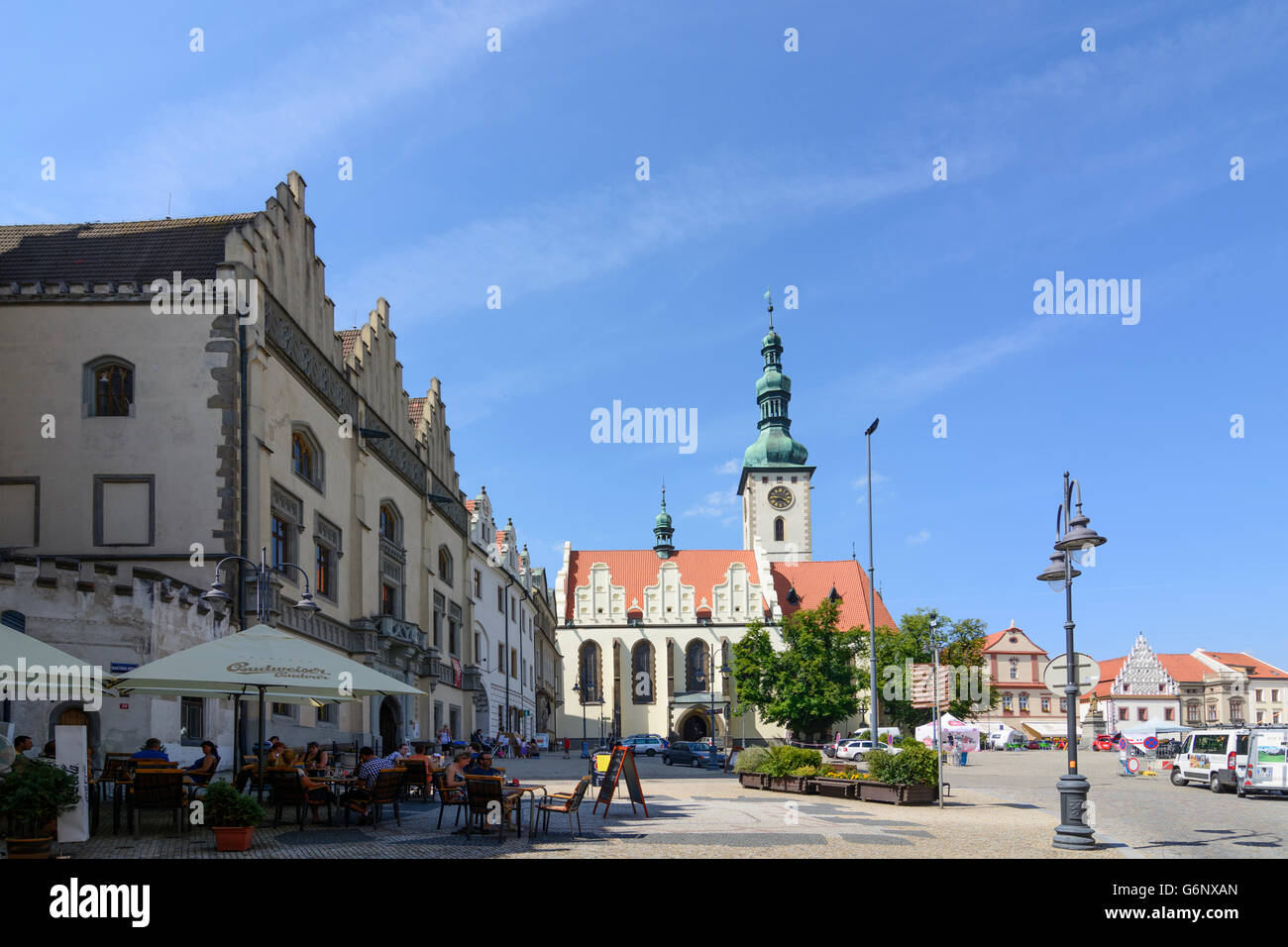 Main square with the Town Hall and Dean Church, Tabor, Czech Republic ...