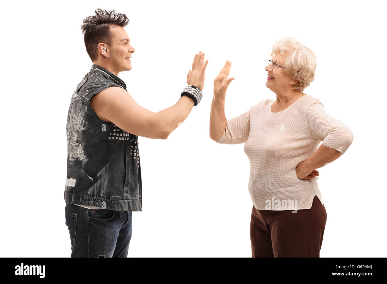 Punk rocker and his grandma doing a high five isolated on white ...