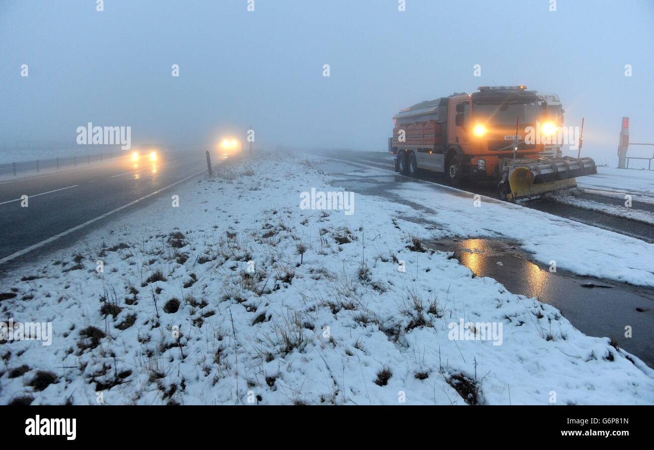 A snow plough clears the A66 in County Durham, following overnight snow ...