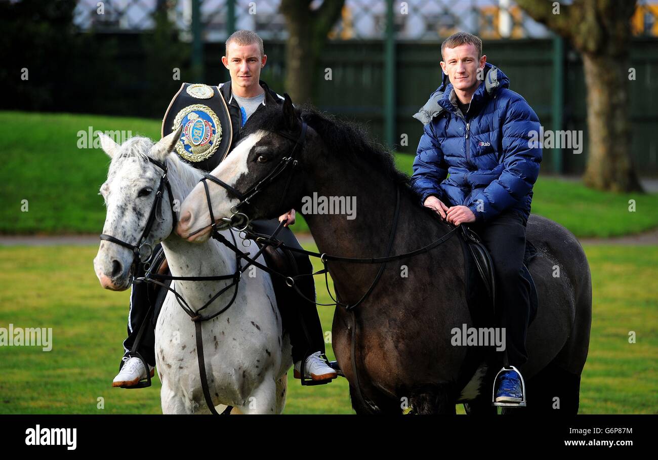 Paul Butler (left) and Tom Stalker on horseback during a photocall at ...