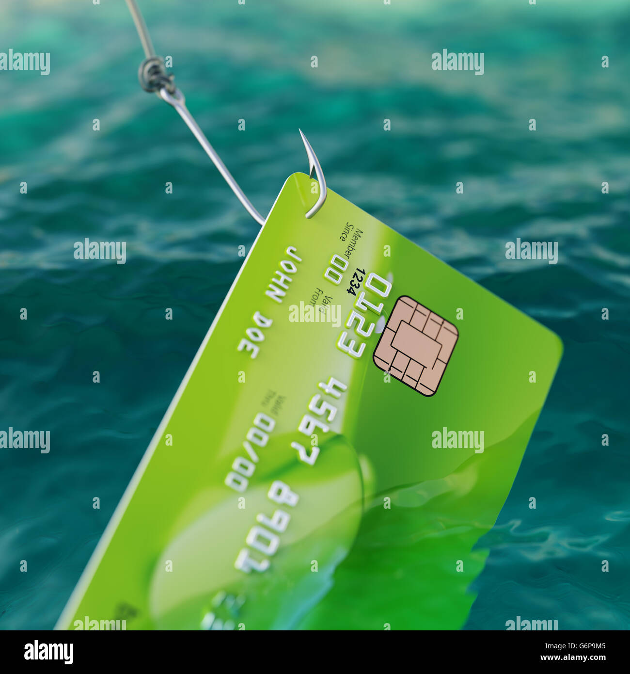 Credit card on fishing hook inside of water 3d illustration fraud ...
