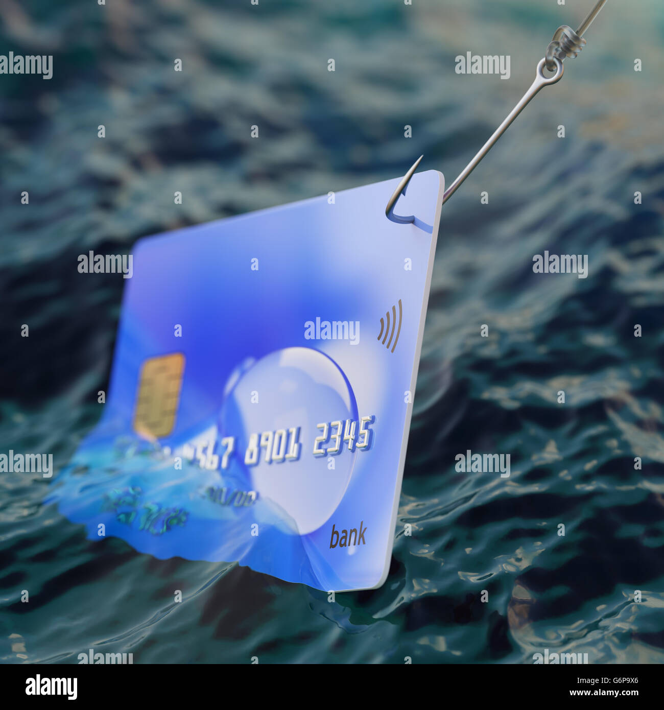 Credit card on fishing hook inside of water 3d illustration fraud ...