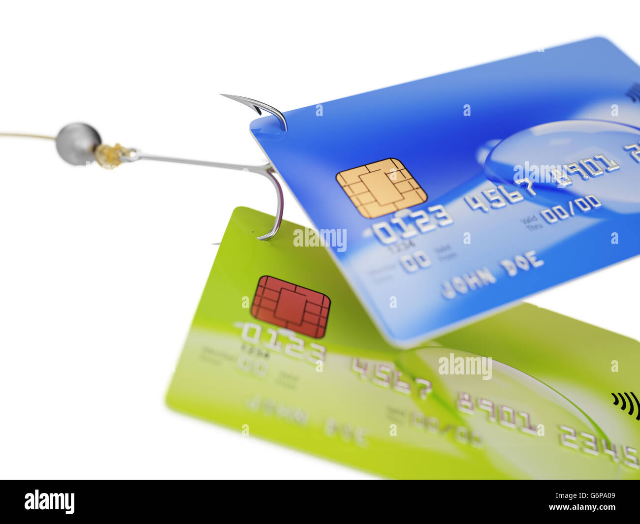 Two credit cards on fishing hook 3d illustration fraud concept isolated ...