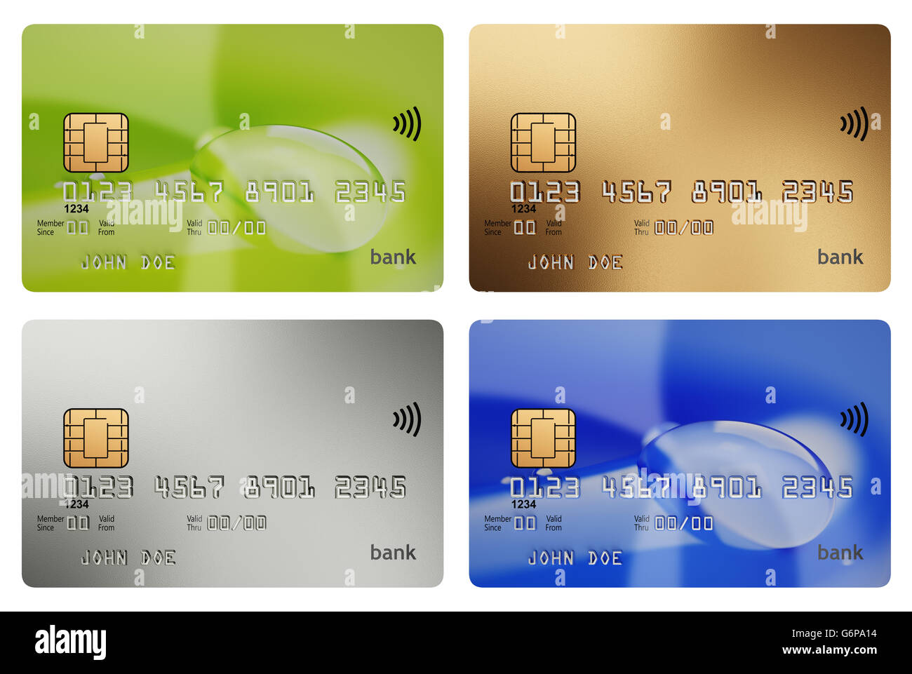 Four different wireless credit cards 3d illustration isolated on white ...