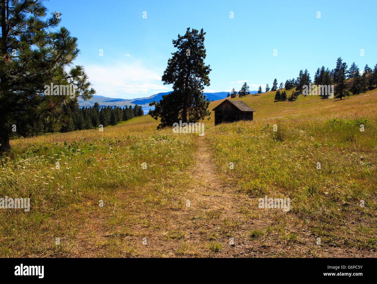 Landscape of mountain trail with rustic cabin Stock Photo - Alamy