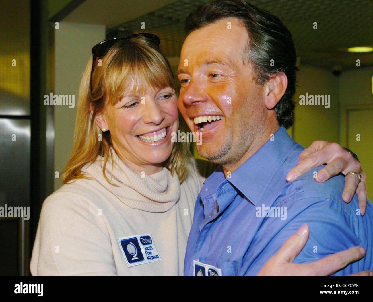 British adventurer Pen Hadow is greeted on his return home by his wife ...