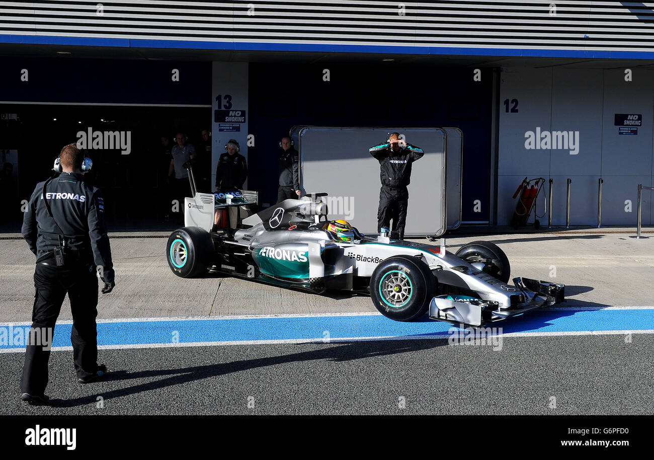Mercedes driver lewis hamilton leaves the team garage hi-res stock ...