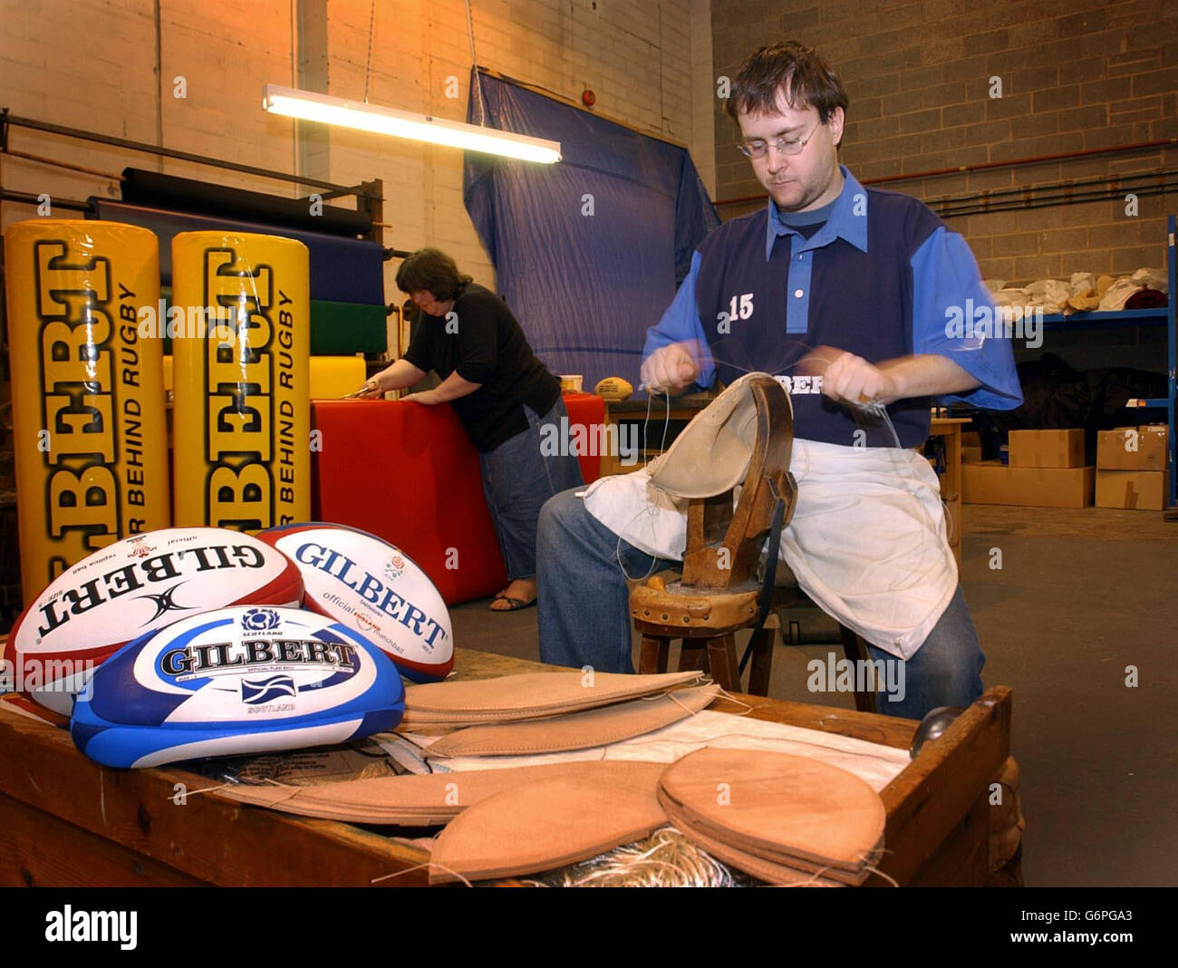 Jim Pritchard making rugby balls Stock Photo - Alamy
