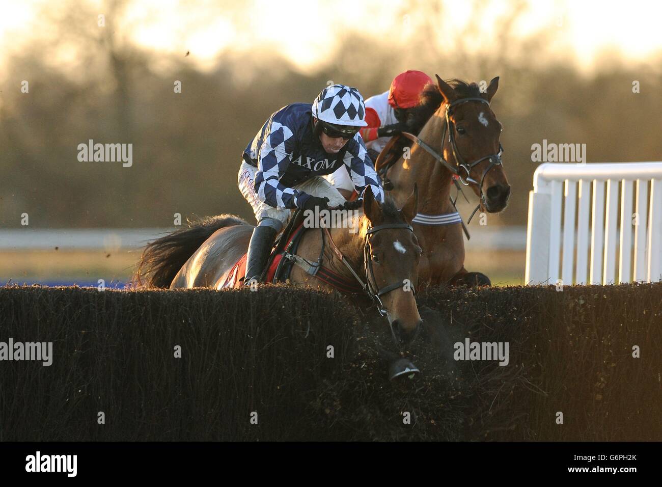 Shotgun Paddy (left) ridden by Leighton Aspell ploughs through the last ...