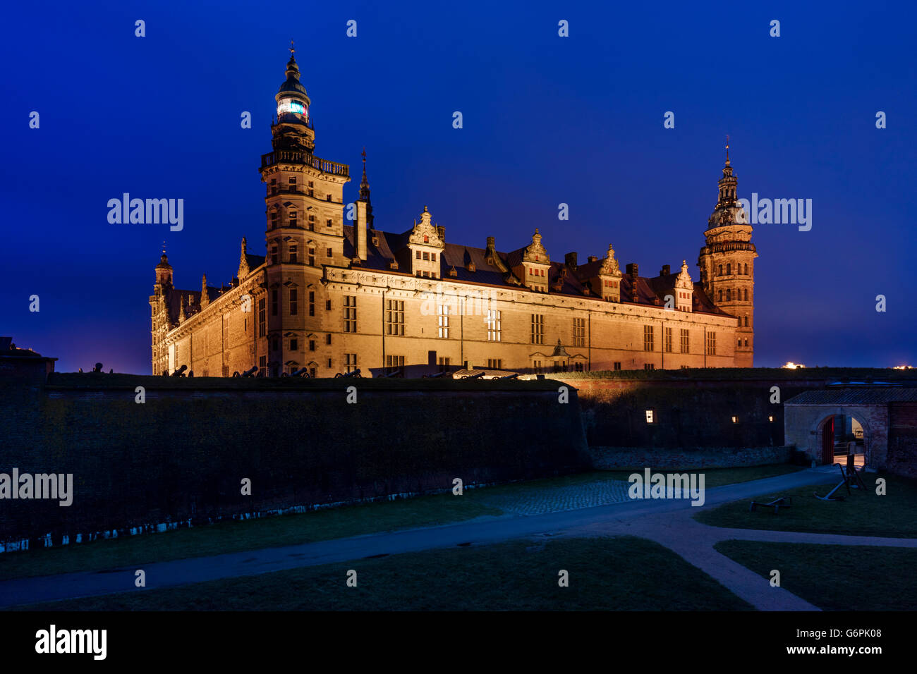 Kronborg Castle in Helsingor, Denmark seen at dusk. The Castle has been ...