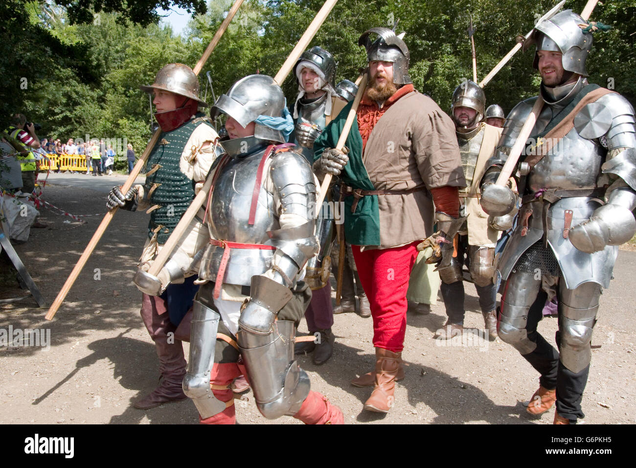 Tewkesbury, UK-July 17, 2015: Knights in armour marching toward battle ...