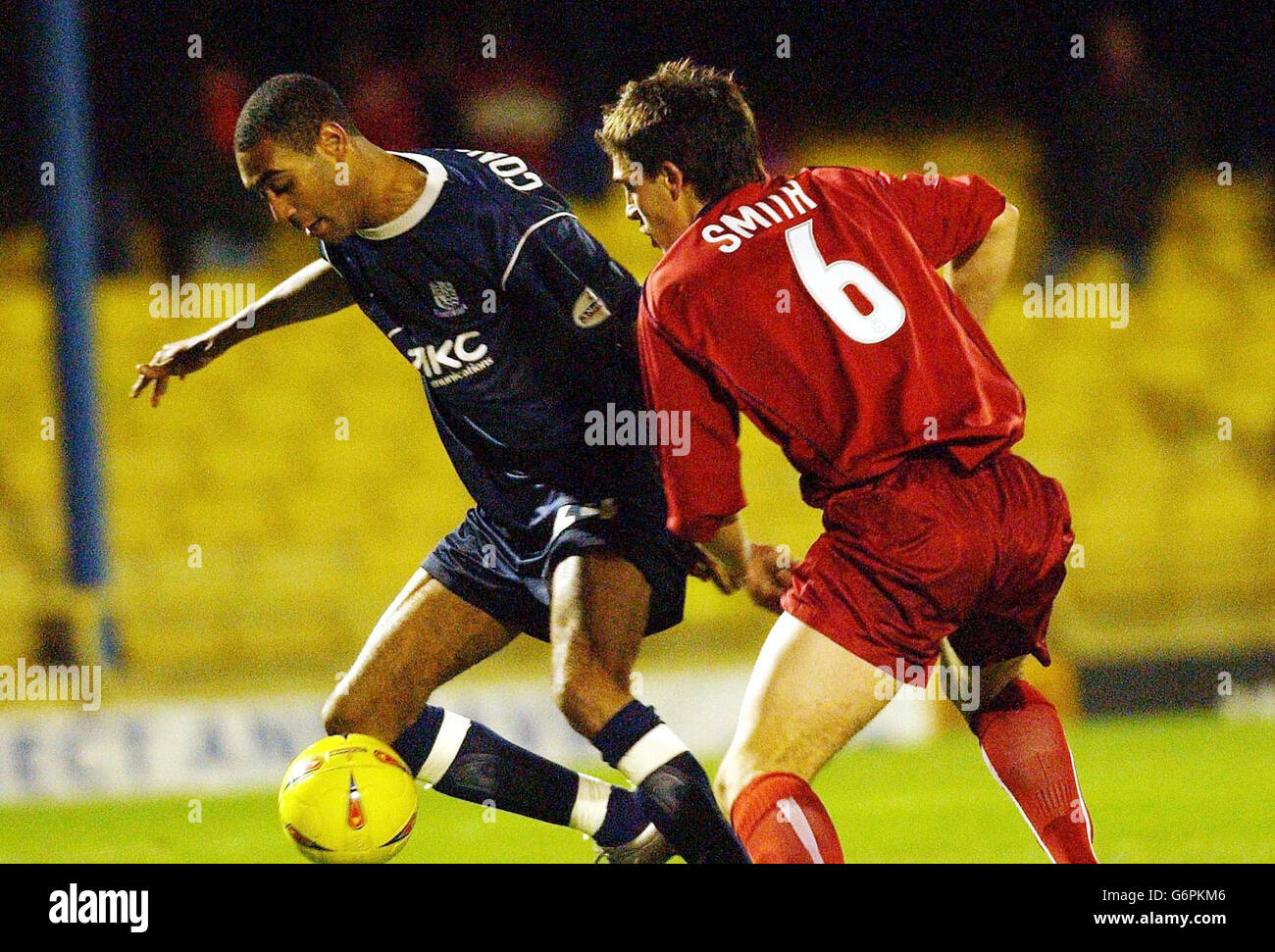 Southend's Leon Constantine (left) takes on York's Chris Smith during ...