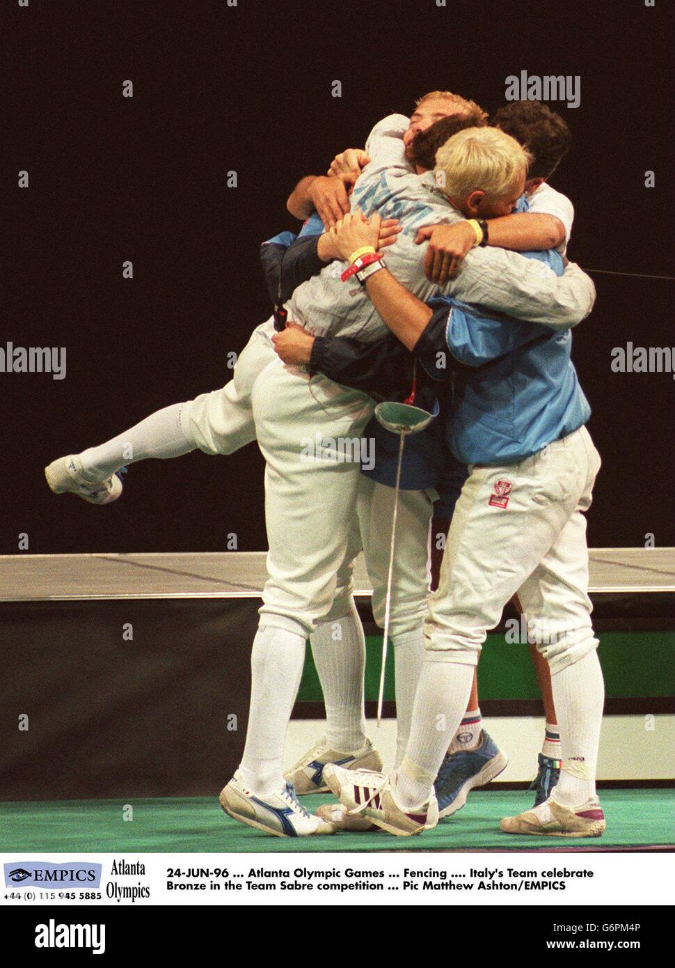 Fencing italys team celebrate bronze in team sabre competition hi-res ...