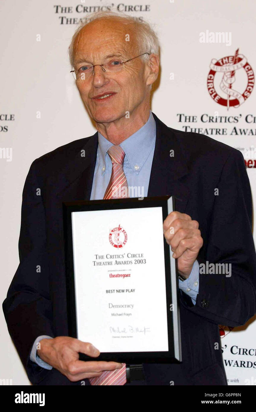 Writer Michael Frayn with his Best New Play Award for 'Democracy ...