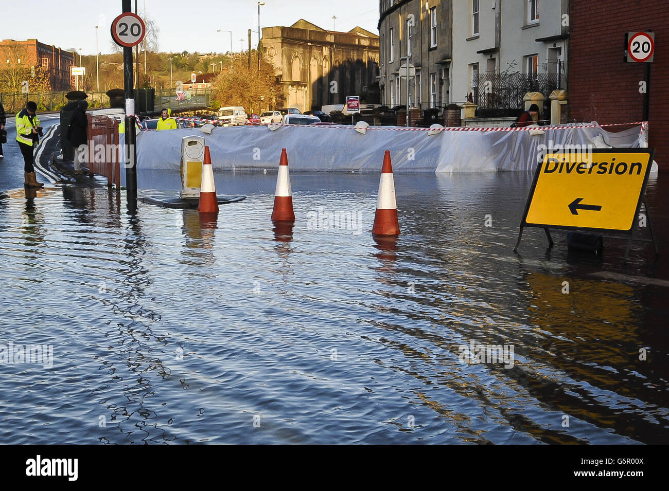 River defence barriers are put in place as the river Avon in Bristol ...